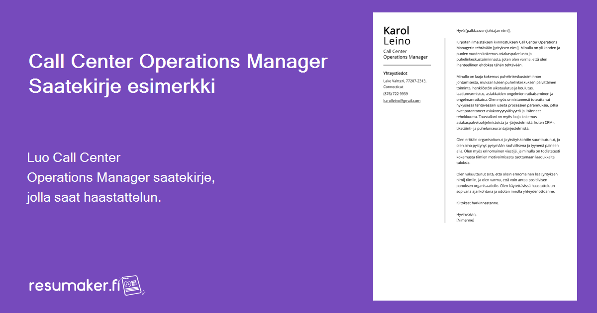 Call Center Operations Manager Saatekirje esimerkki vuodelle 2024