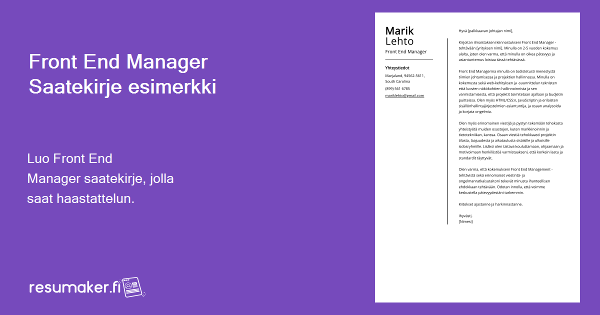 Front End Manager Saatekirje: (Entry Level & Senior Jobs)