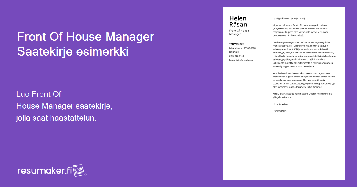 Front Of House Manager Saatekirje: (Entry Level & Senior Jobs)