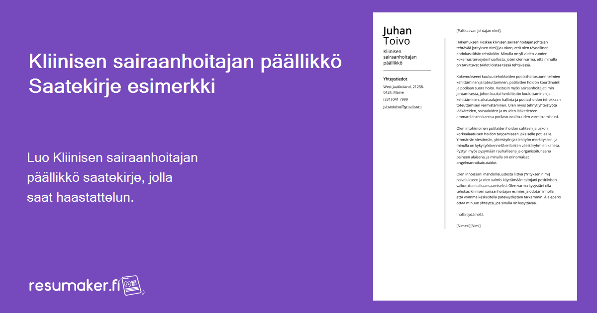 Kliinisen sairaanhoitajan päällikkö Saatekirje esimerkki vuodelle 2025