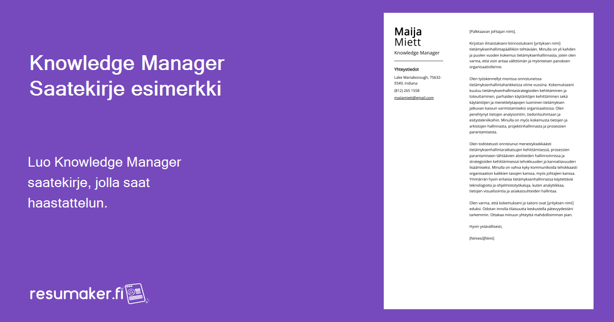 Knowledge Manager Saatekirje: Työnkuvaus, näyte & opas