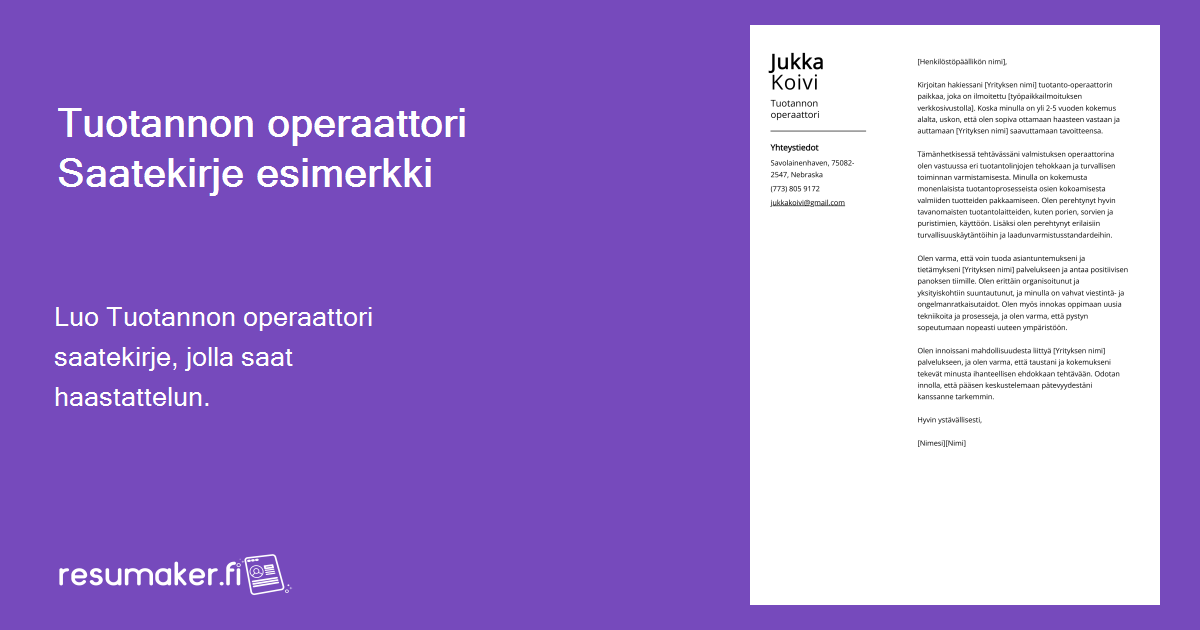 Tuotannon operaattori Saatekirje: Työnkuvaus, näyte & opas